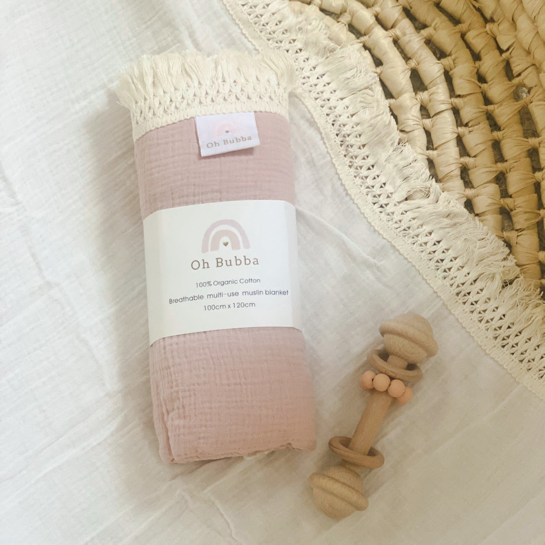 100% Organic Cotton Baby Fringe Swaddle | Dusty Pink | Muslin Wrap – Oh ...